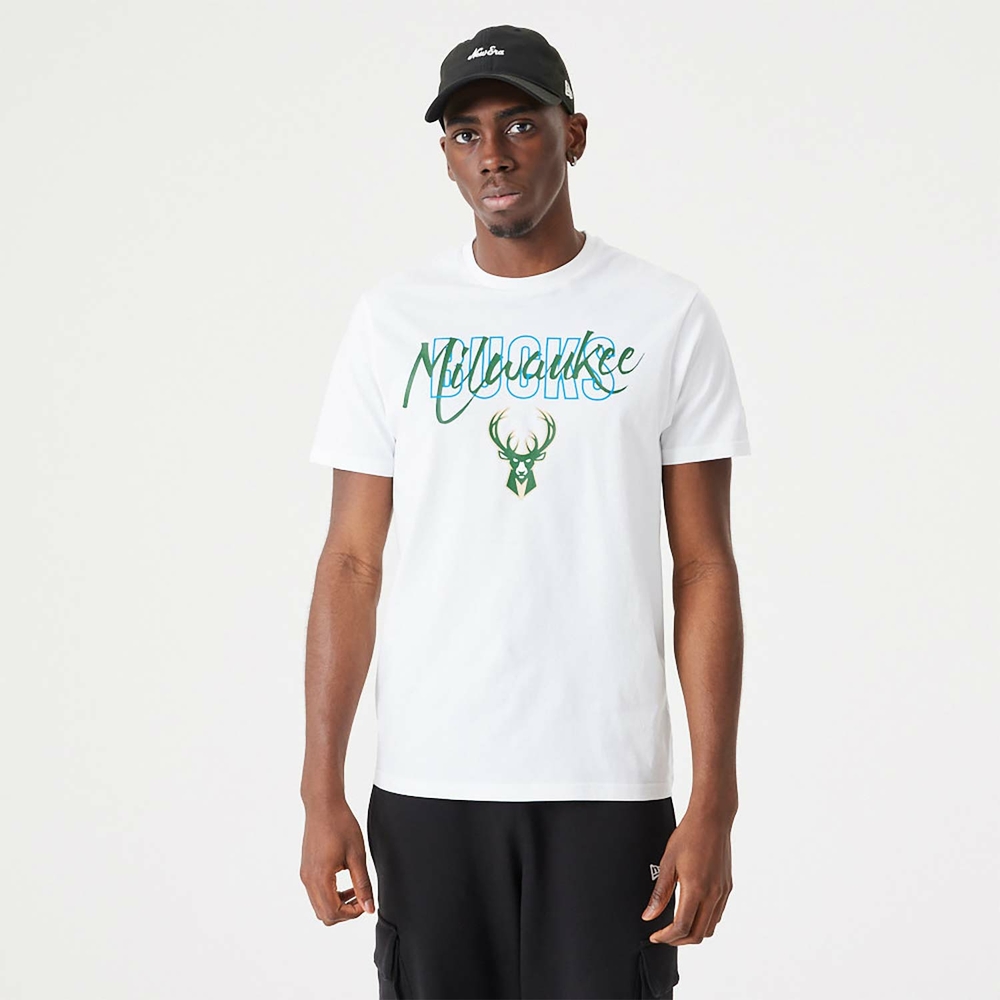 New Era - New Era Milwaukee Bucks NBA Script T-Shirt 'White' - NBA