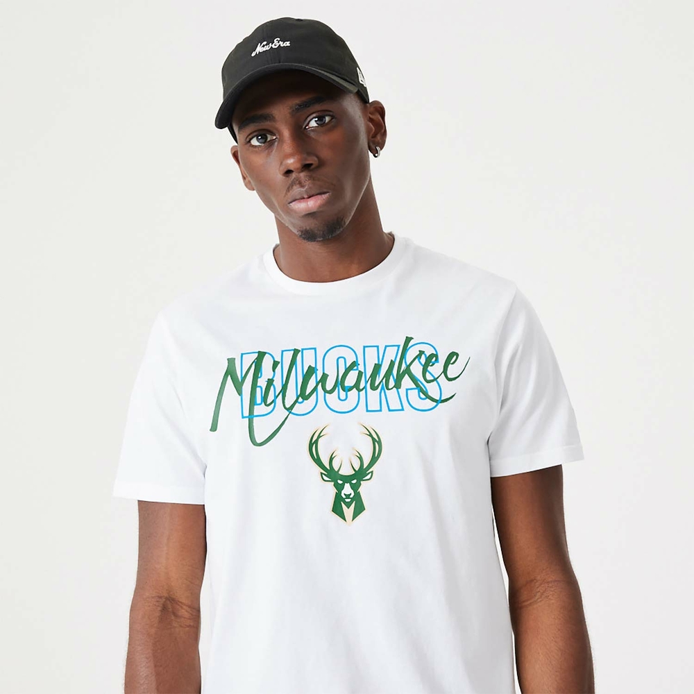 New Era - New Era Milwaukee Bucks NBA Script T-Shirt 'White' - NBA