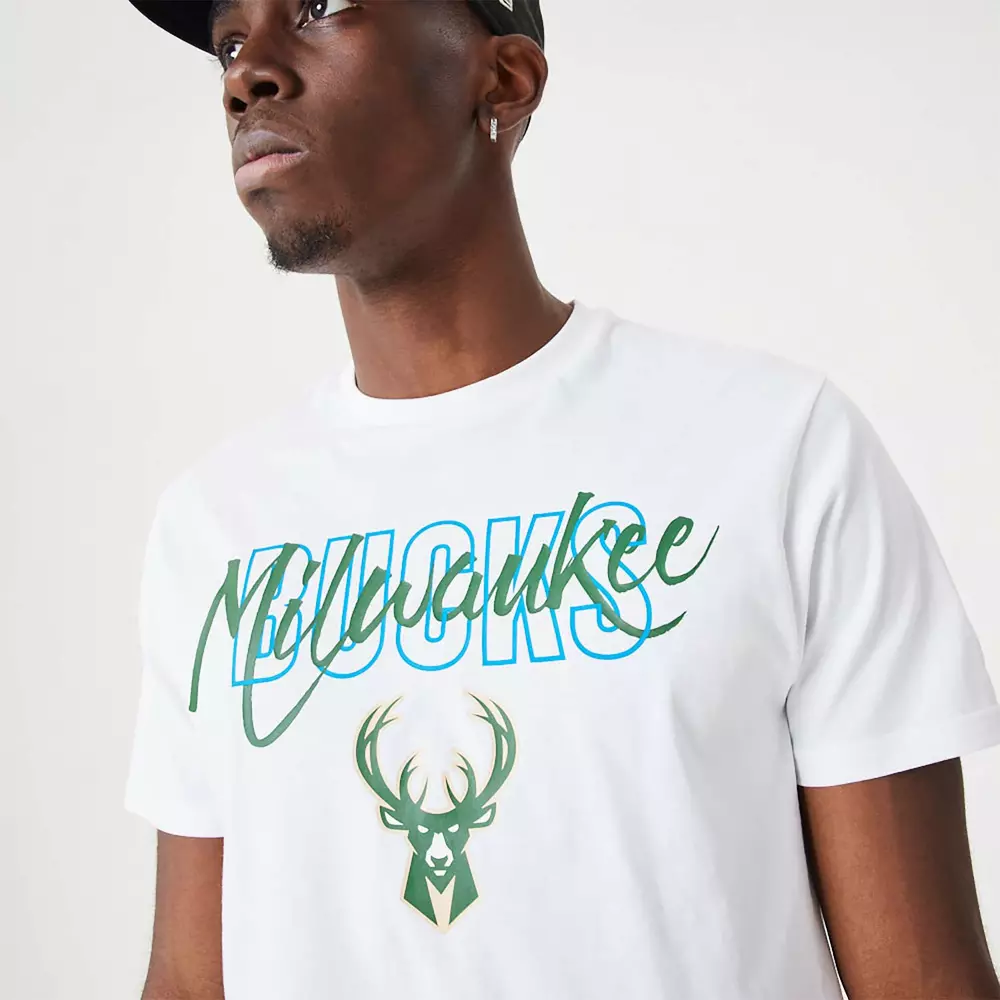 New Era - New Era Milwaukee Bucks NBA Script T-Shirt 'White' - NBA